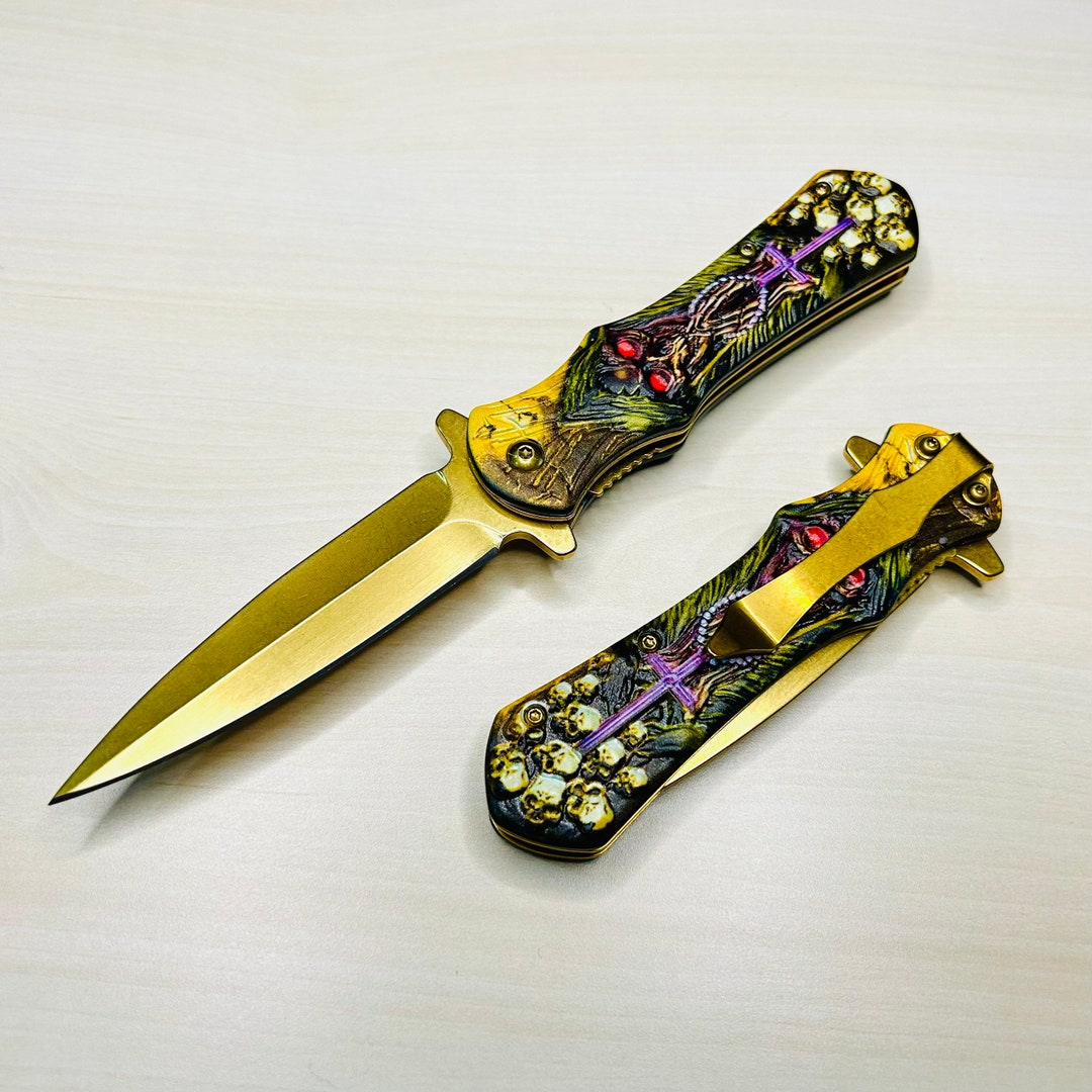 8” Gold Skull Devil Cute Cross Knife Tactical Spring Assisted Open ...