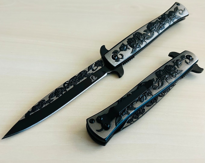 9” Black Rose Engraved Cute Spring Assisted Open Blade Folding Pocket ...