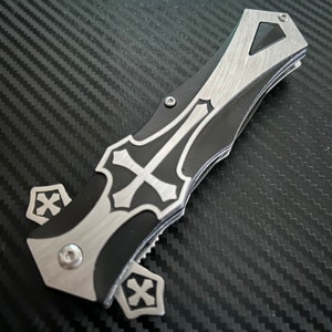 9” Black Cross Cute Knife Spring Assisted Open Blade Folding Pocket ...