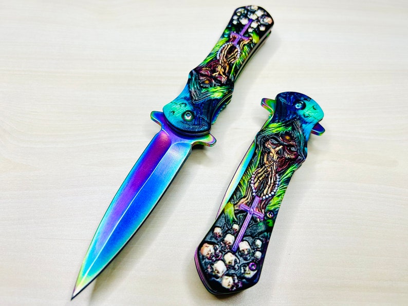 8 Rainbow Skull Devil Cute Cross Knife Tactical Spring - Etsy
