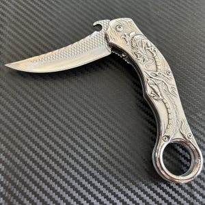 9” Silver Dragon Cute Karambit Spring Assisted Open Folding Pocket ...