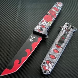 9” Cute Red Monster Mini Katana Spring Assisted Open Blade Folding ...