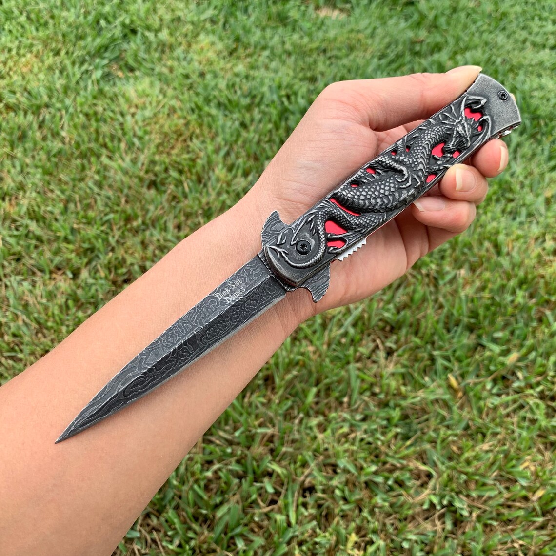 8.75 Dragon Engraved Red Cute Knife Tactical Spring Assisted - Etsy