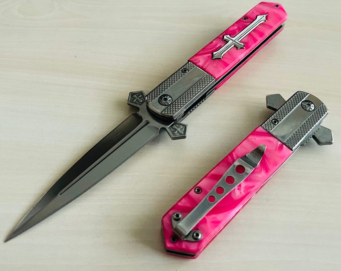 9” Pink Cross Cute Knife Spring Assisted Open Folding Knife. 3D Cross ...
