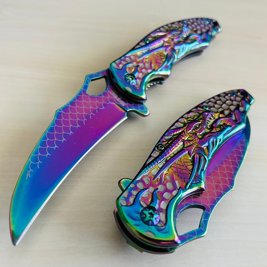 8.5 Luxury Rainbow Dragon Karambit Tactical Spring Assisted Folding ...