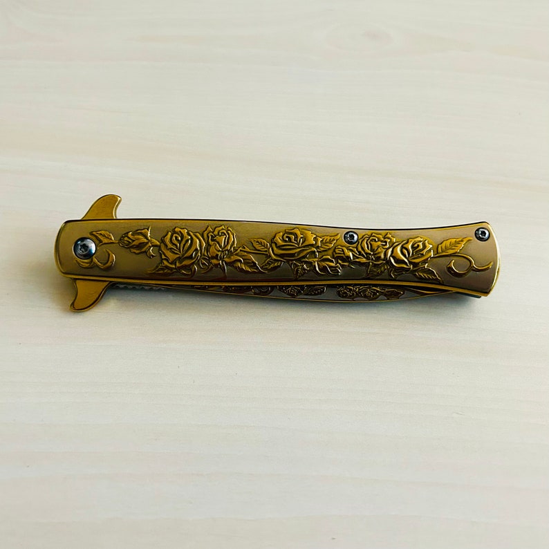 9 Gold Rose Engraved Cute Spring Assisted Open Blade Folding - Etsy