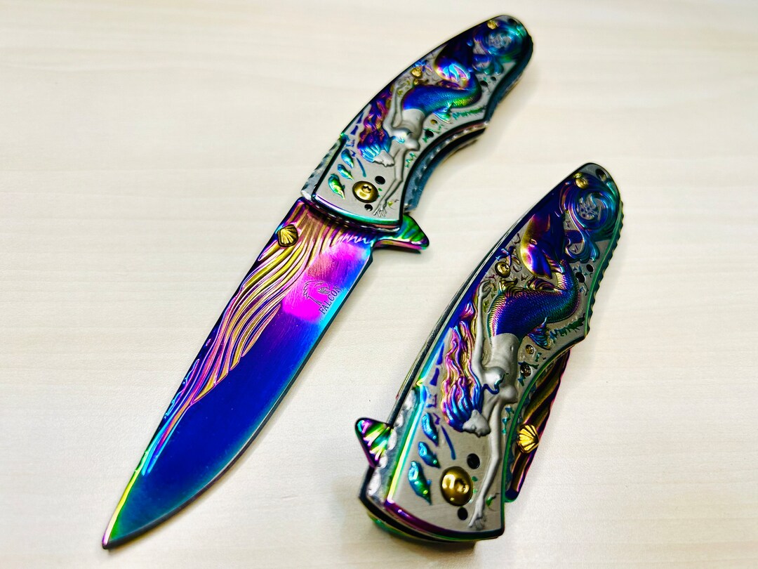 Mermaid Knife With Dolphin and Waves 3D Carve. Rainbow Color Coated ...