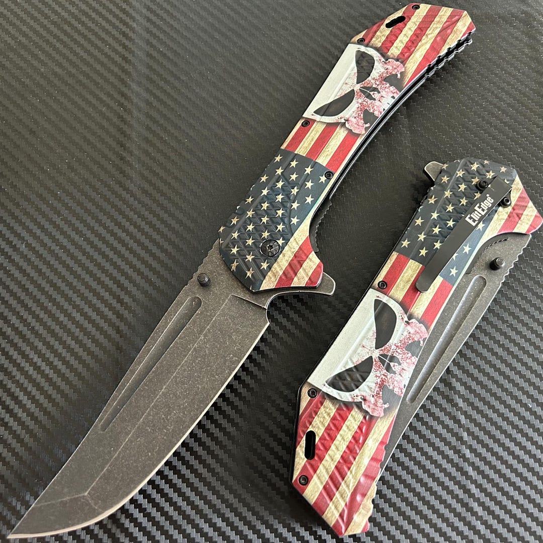 12.25” Giant USA Flag Knife Tactical Spring Assisted Open Blade Folding ...