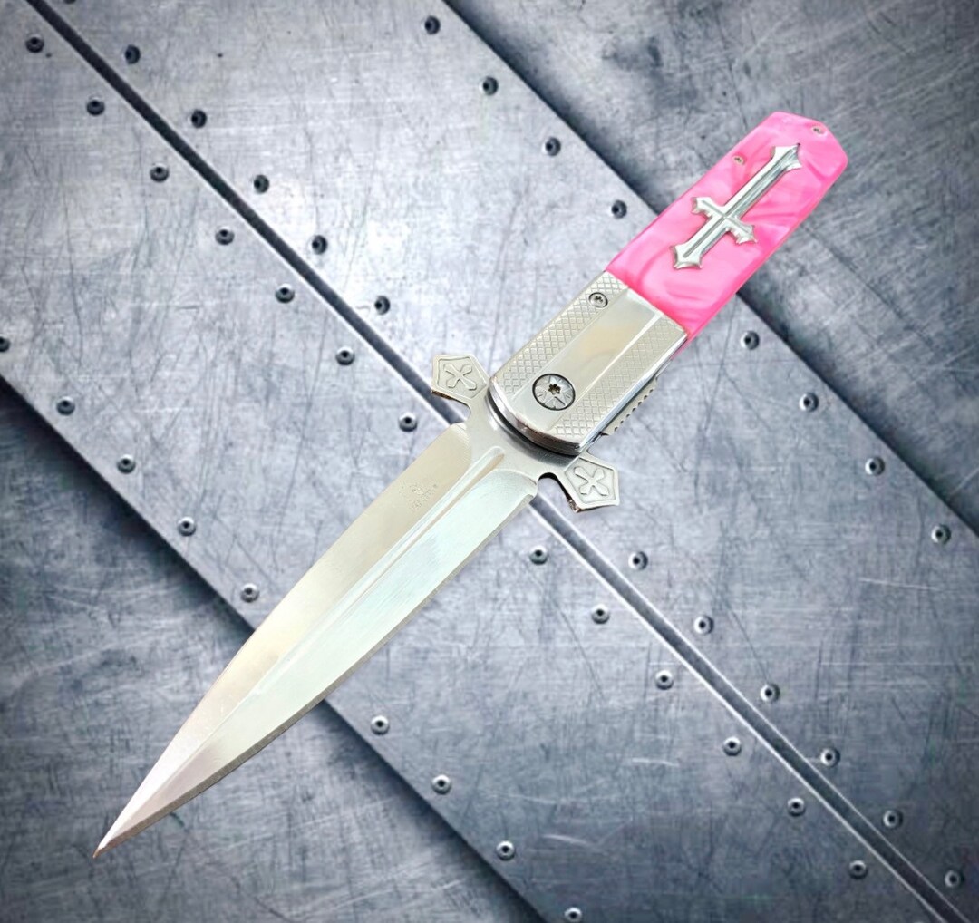 Collectible Pink Cross 9” Cute Pocket Knife. Spring Assisted Open ...