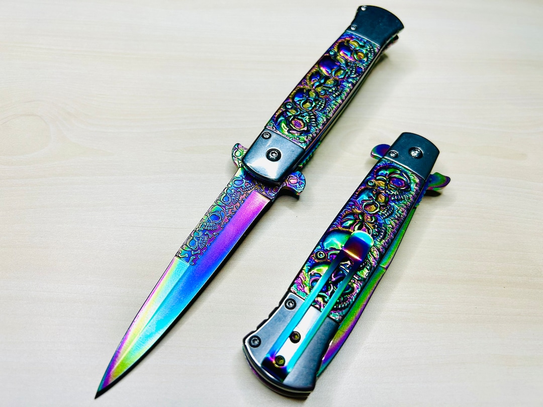 9 Rainbow Skull Tactical Cool Knife Spring Assisted Open Blade Folding ...