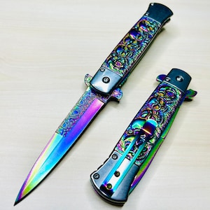 9 Rainbow Skull Tactical Cool Knife Spring Assisted Open Blade Folding ...
