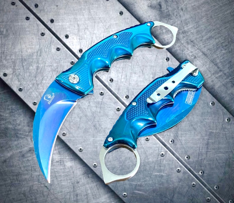 Collectible Blue Karambit Spring Assisted Open Blade Folding - Etsy