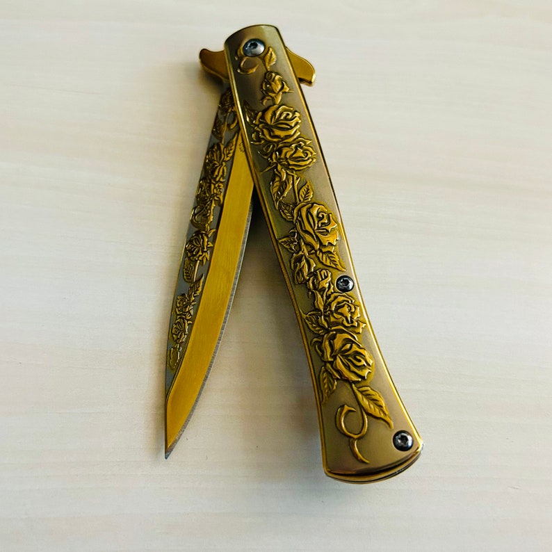 9 Gold Rose Engraved Cute Spring Assisted Open Blade Folding - Etsy