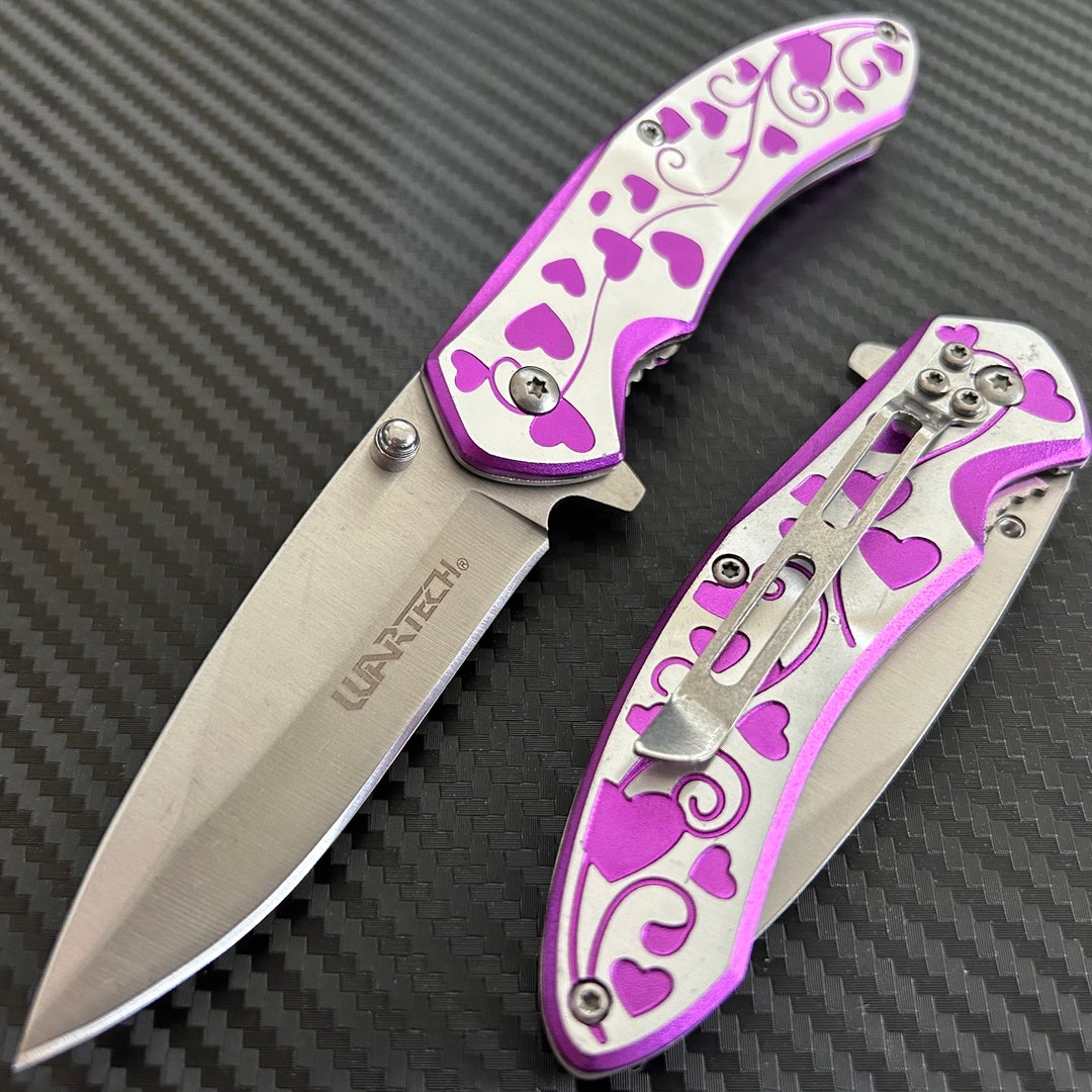 7” Purple Heart Cute Knife Spring Assisted Open Blade Folding Pocket ...