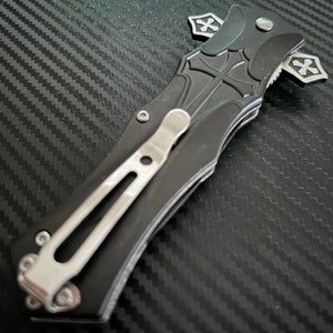 9” Black Cross Cute Knife Spring Assisted Open Blade Folding Pocket ...