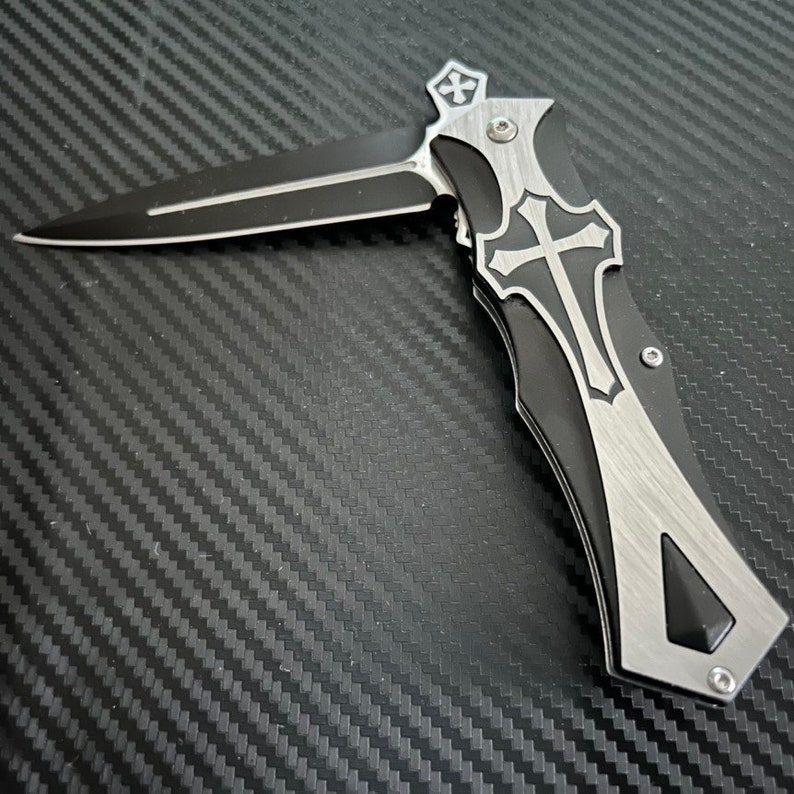 9” Black Cross Cute Knife Spring Assisted Open Blade Folding Pocket ...