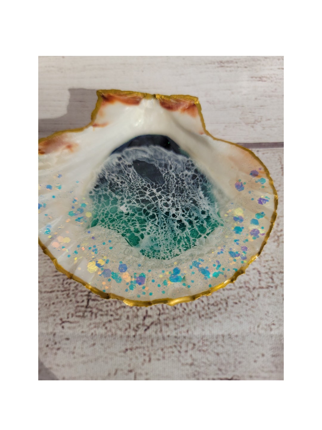 Scallop Shell Resin Ocean Beach Wave Trinket Jewelry Dish With Glitter ...