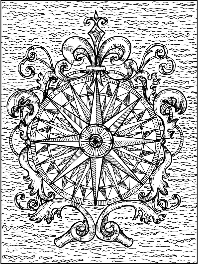 Nautical Pirate Compass Coloring Book Page, Printable Coloring Page ...