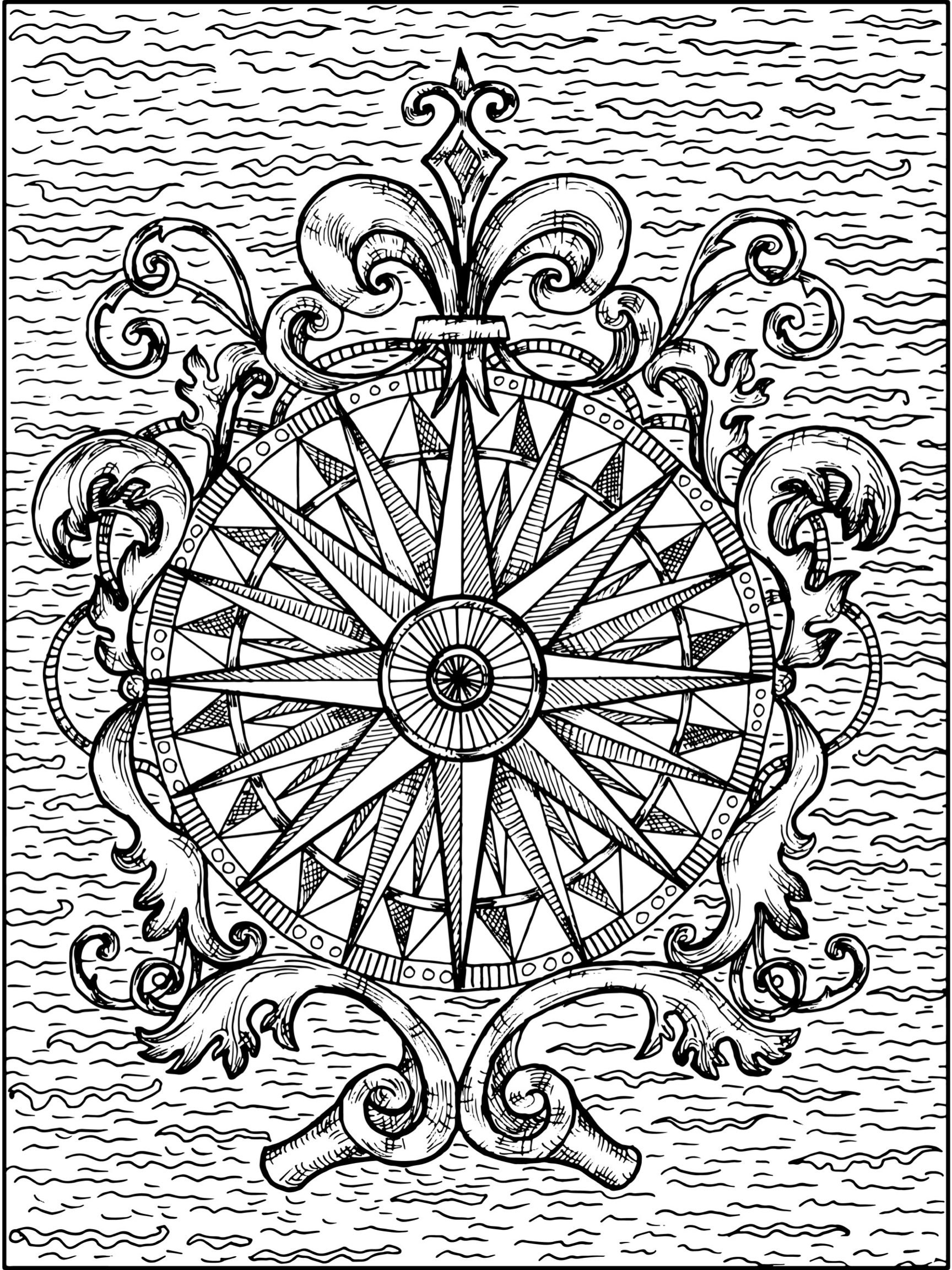 Nautical Pirate Compass Coloring Book Page, Printable Coloring Page ...