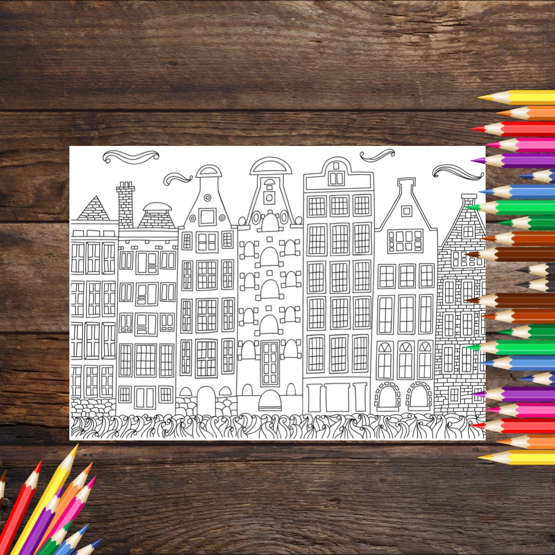 Amsterdam Netherlands Printable Coloring Page, Travel Colouring Sheet ...