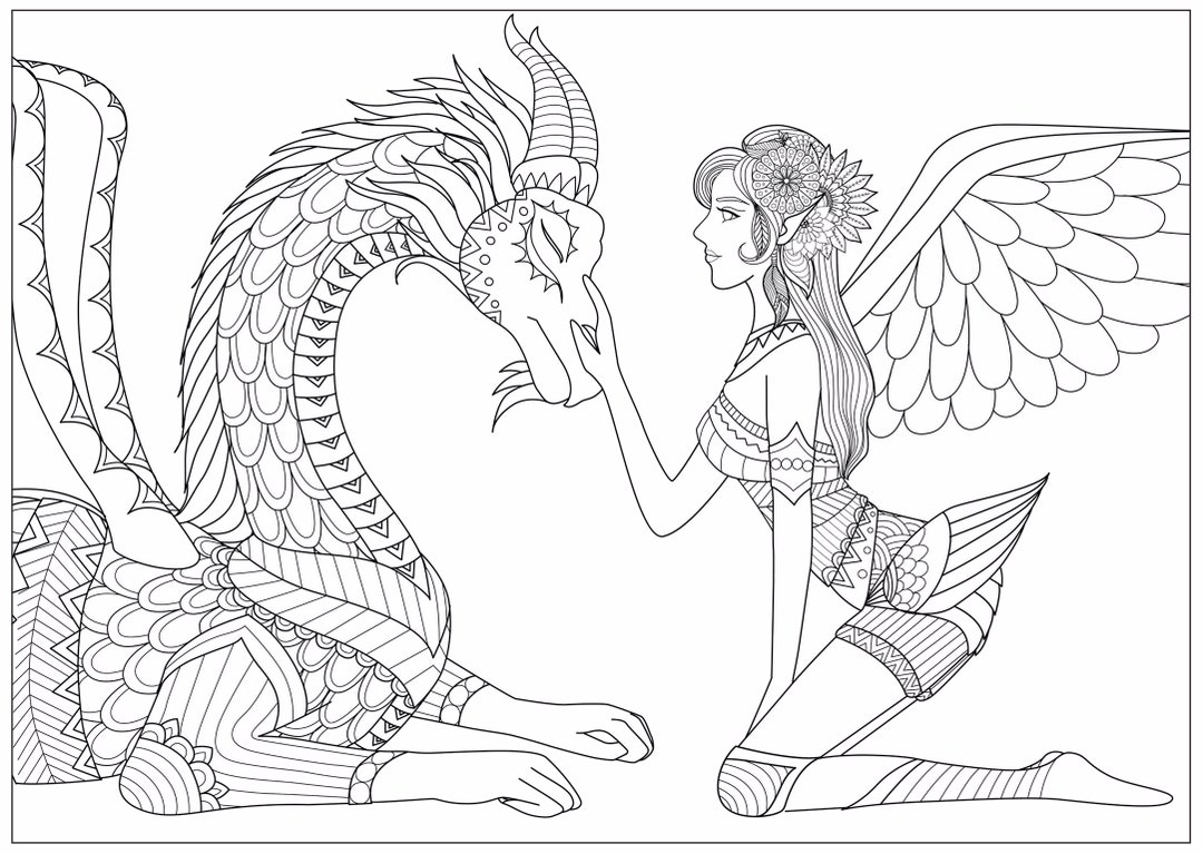 Fairy Coloring Page, Dragon Coloring Sheet, Printable Adult Coloring ...