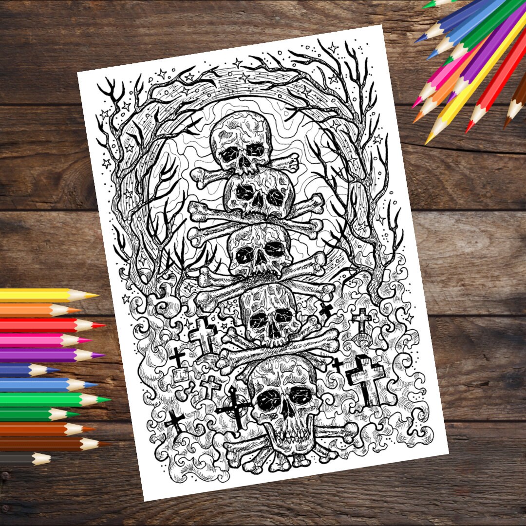 Skulls Printable Coloring Page, Spooky Gothic Halloween Pirate ...