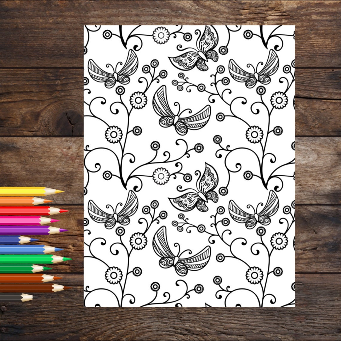 Butterfly Design Coloring Page, Nature Coloring Book Page, Printable ...