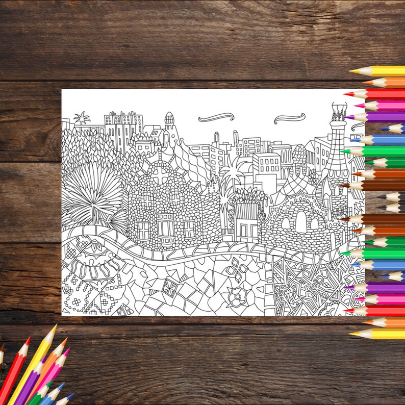 Barcelona Printable Coloring Page, Spain Travel Colouring Sheet, Adult ...
