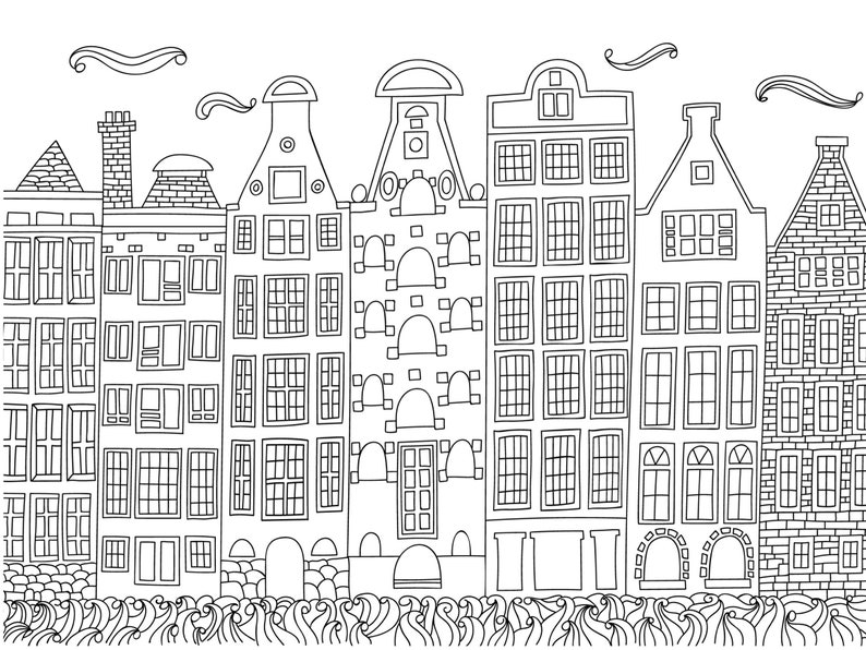 Amsterdam Netherlands Printable Coloring Page, Travel Colouring Sheet ...