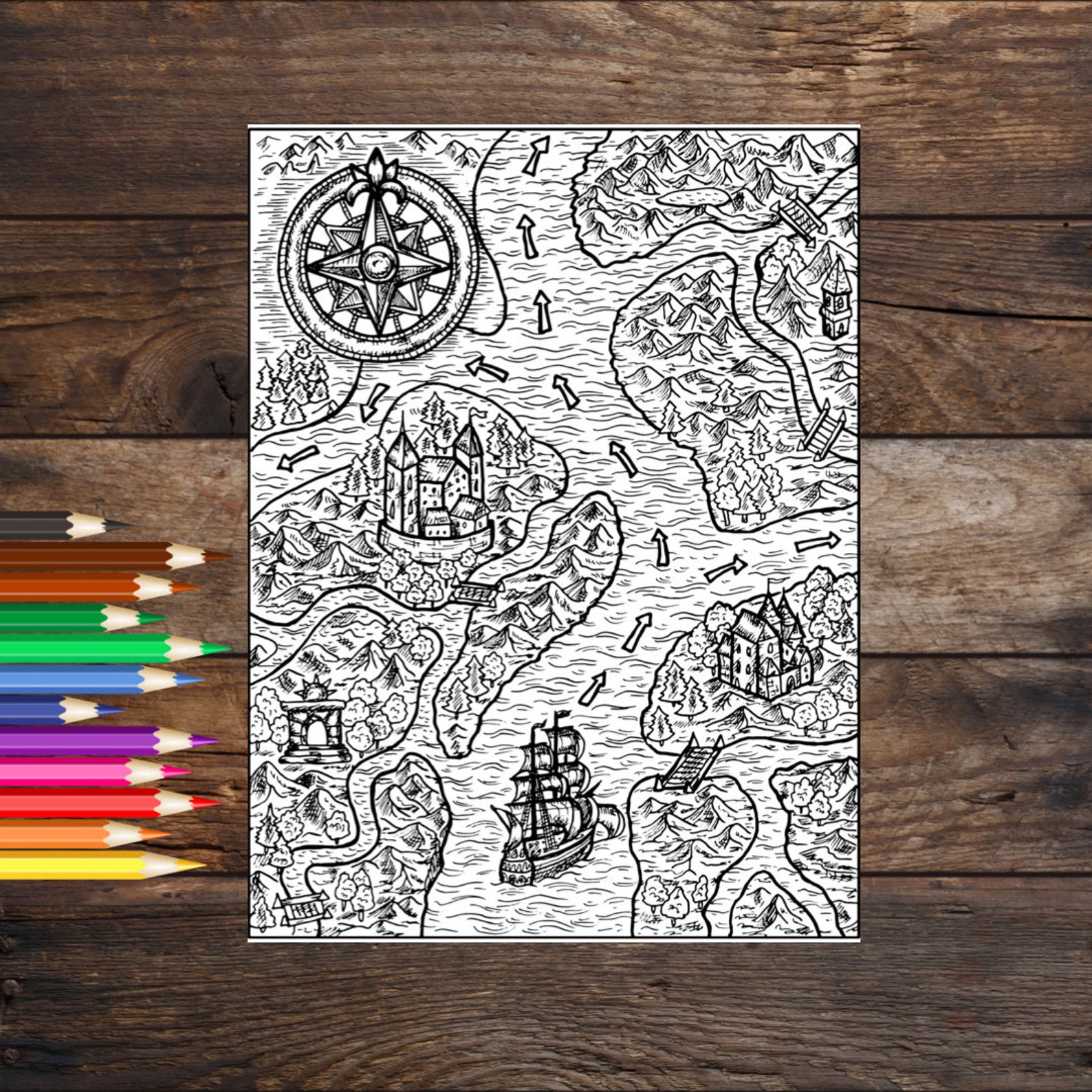 Pirate Treasure Map Coloring Page, Printable Adult Coloring Book Page ...
