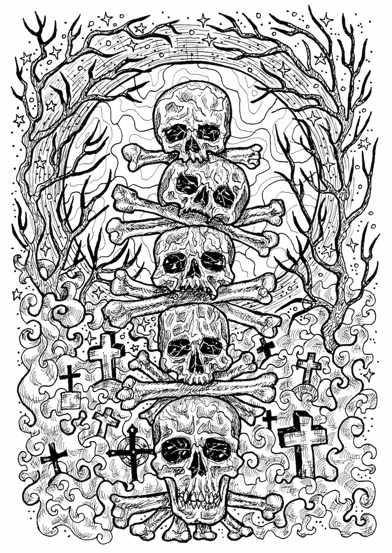 Skulls Printable Coloring Page, Spooky Gothic Halloween Pirate ...