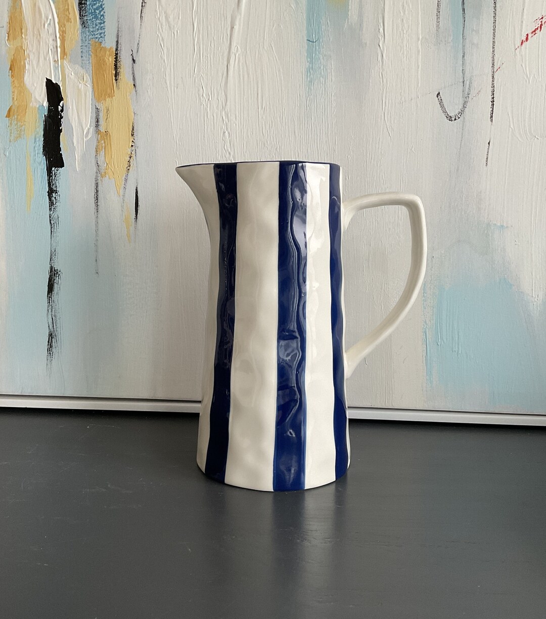 Blue & White Pitcher Ceramic Candy-striped Pitcher Floral Arrangement ...
