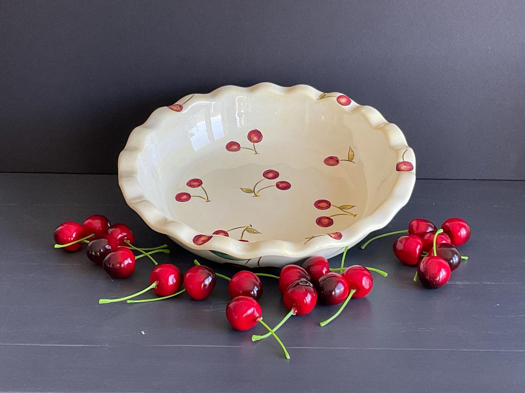 Rustic Cherry Farmhouse Pie Plate Deep Dish Ceramic With Fluted Edge ...