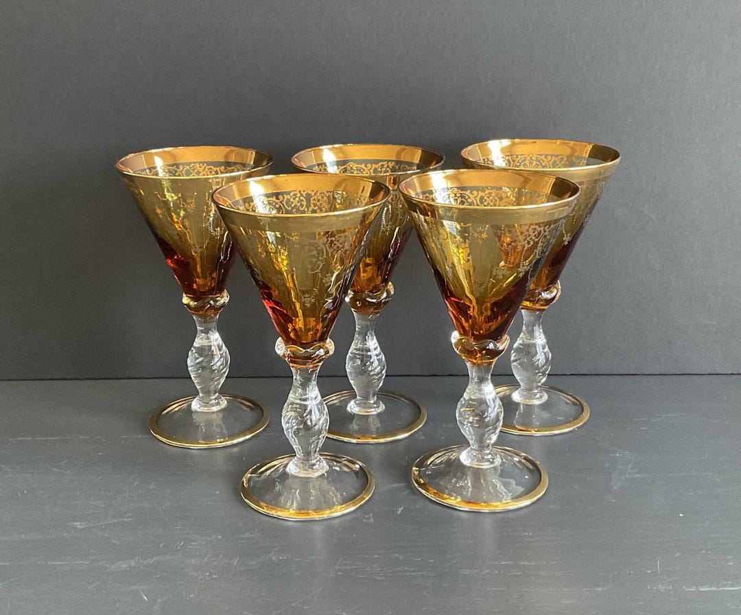 Vintage Hand-blown Amber Wine Glasses Mid-century Ombre Glassware ...