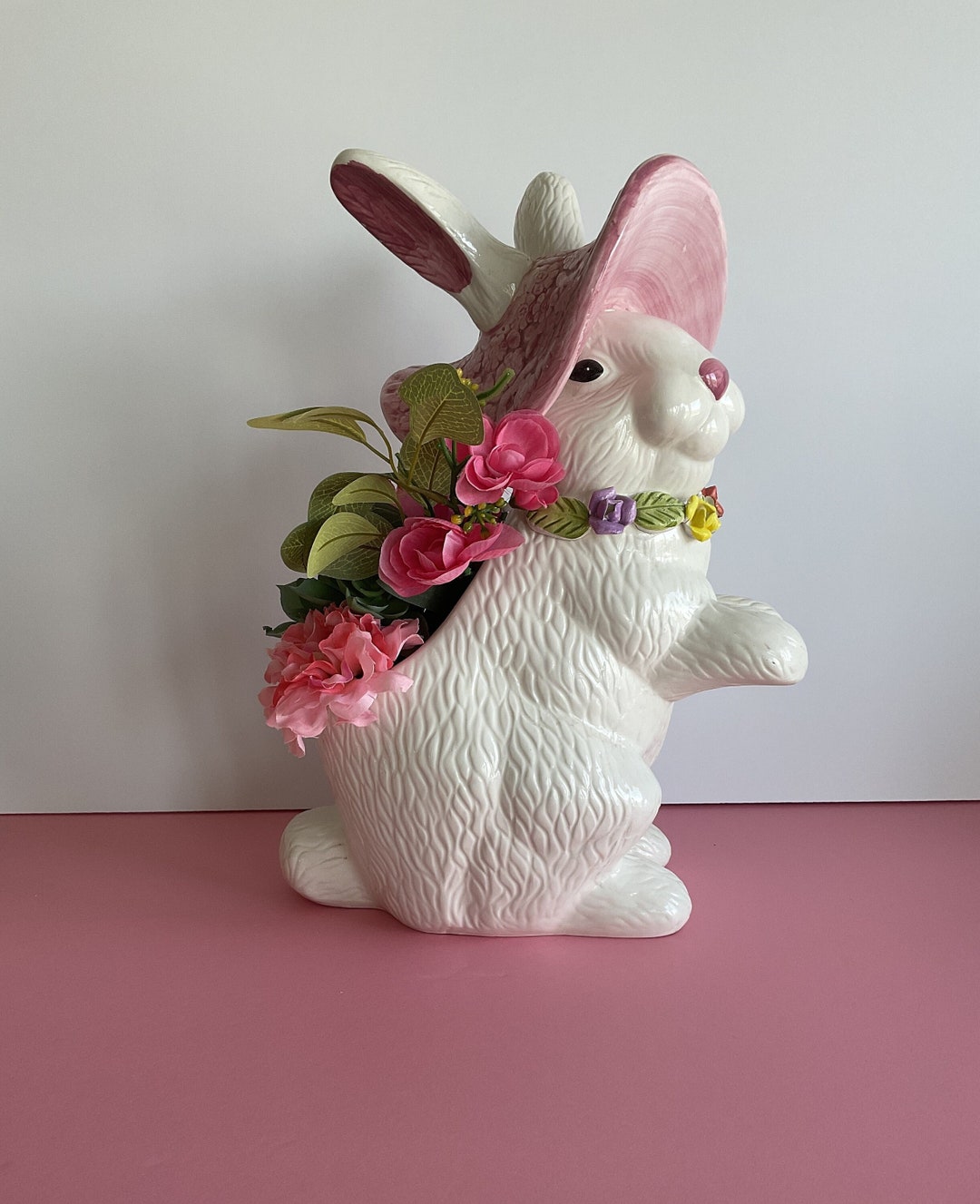Vintage Bunny Planter Easter Decor White Cottontail Planter Pink Bonnet ...