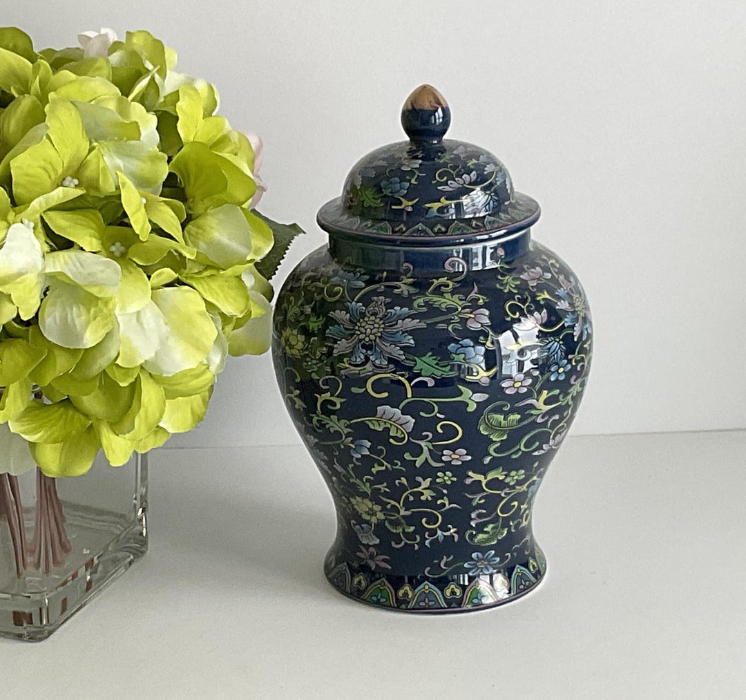 Dark Blue Ceramic Lotus Ginger Jar: Hand Painted Chinoiserie Storage 7. ...
