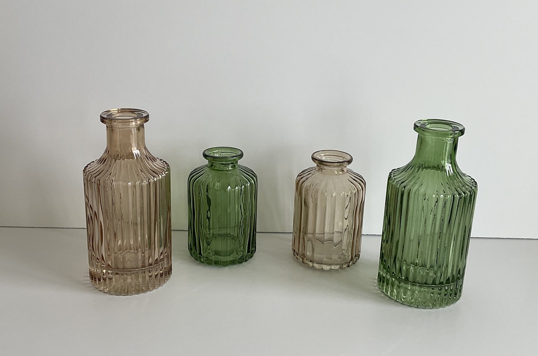 Vases Set/2 Ribbed Glass Bottles Aroma Containers Fluted Bud Vases With ...