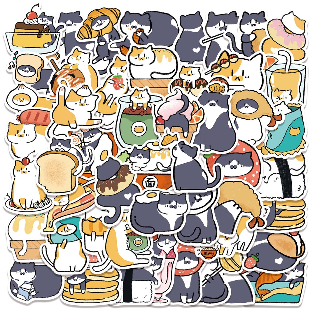 50 Pcs Cat and Food Stickers, Greedy Cat Stickers, Cute Cat Sticker ...