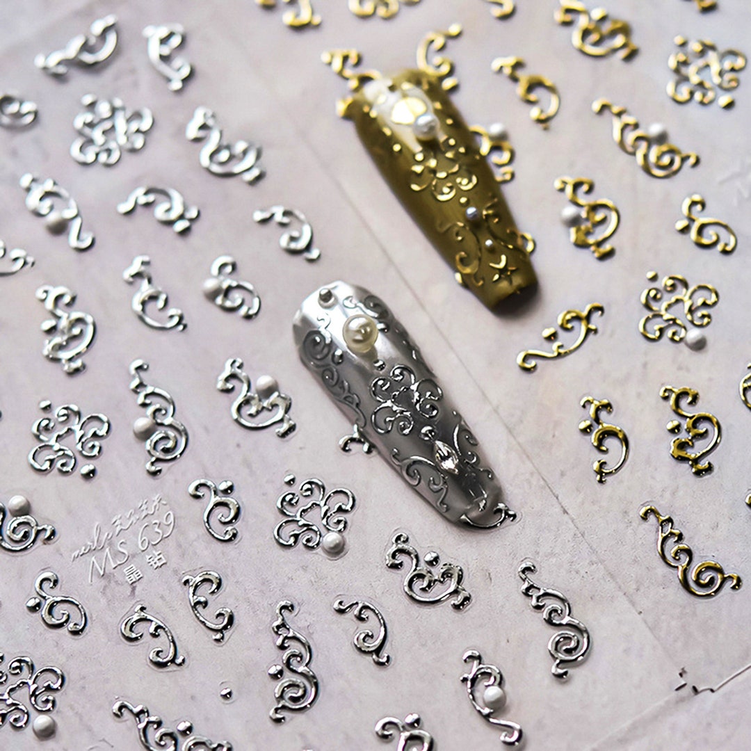Gold Silver Pattern Nail Sticker, Gold Nail Decals, Gold Silver Nail ...