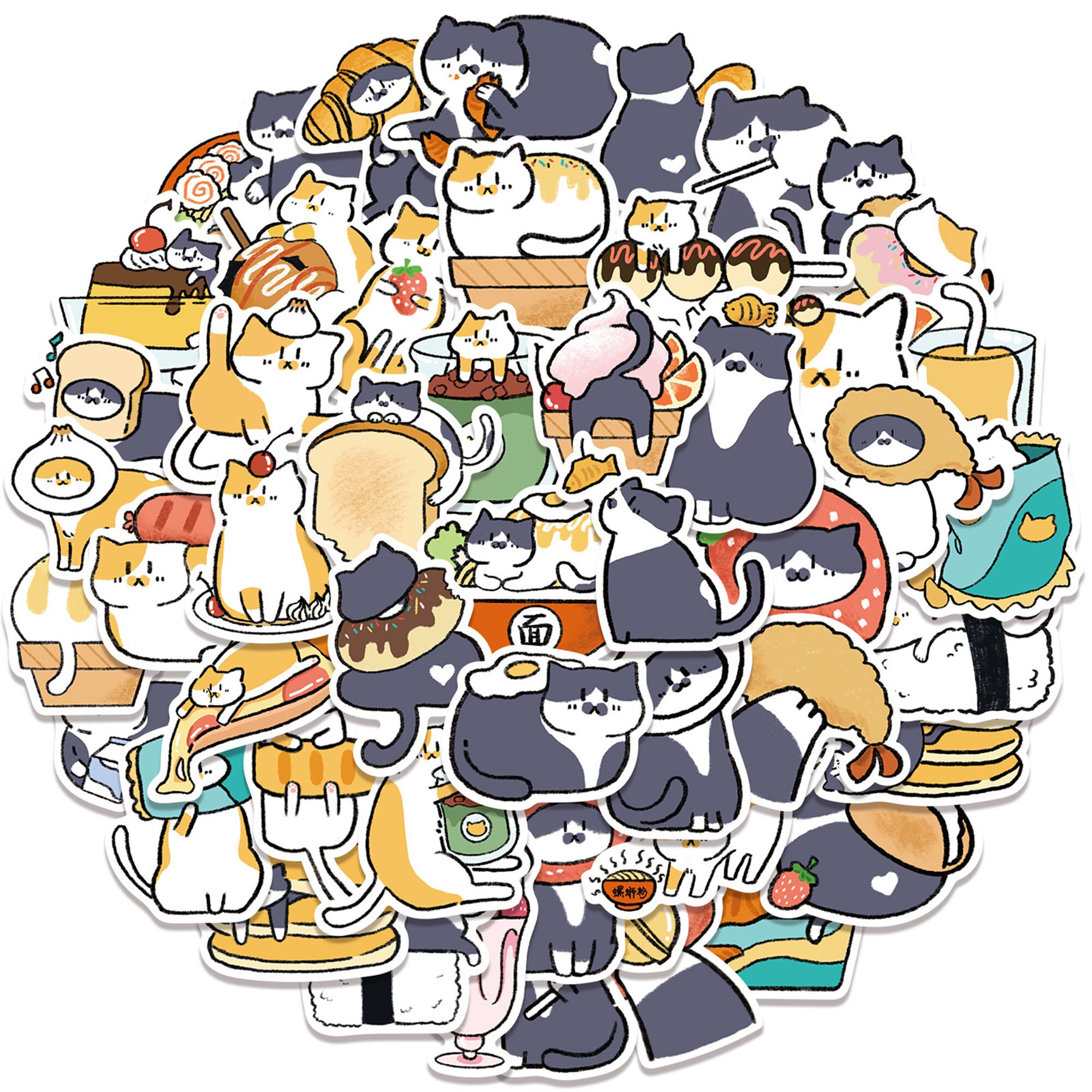 50 Pcs Cat and Food Stickers Greedy Cat Stickers Cute Cat - Etsy