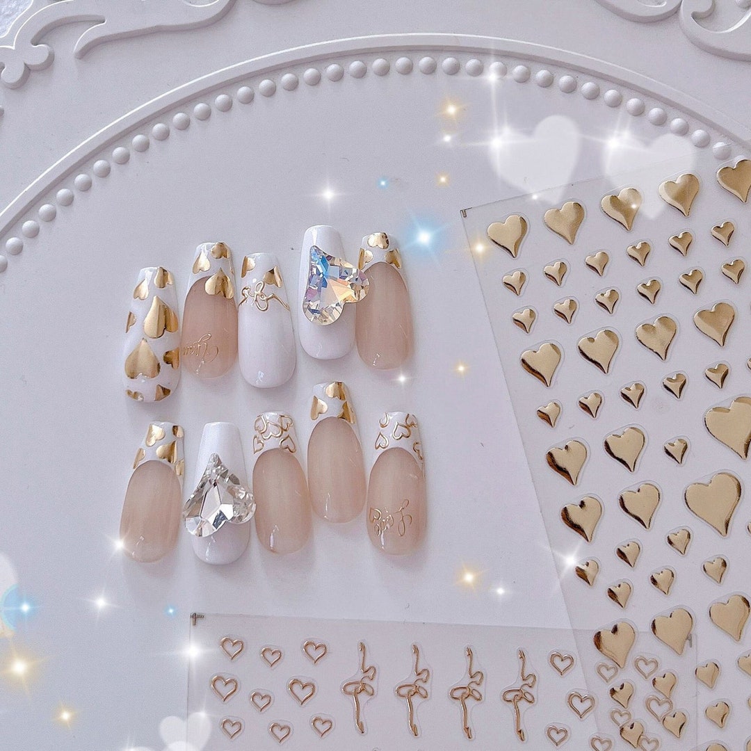 Gold Heart Nail Sticker, Heart Nail Decals, Nail Art Sticker, DIY Nails ...
