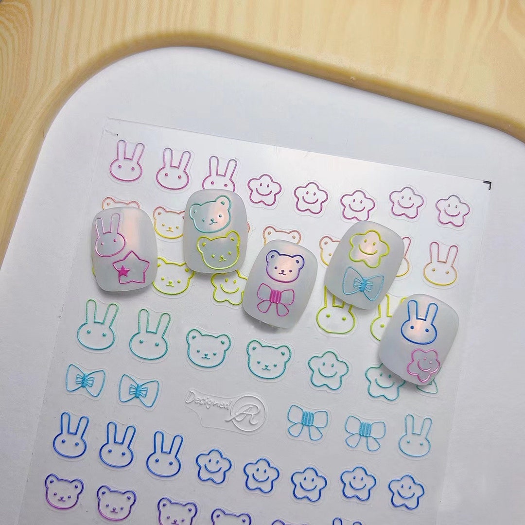 Cute Nail Stickers, Cute Nail Decals, Bear Nail Stickers, Rabbit Nail ...
