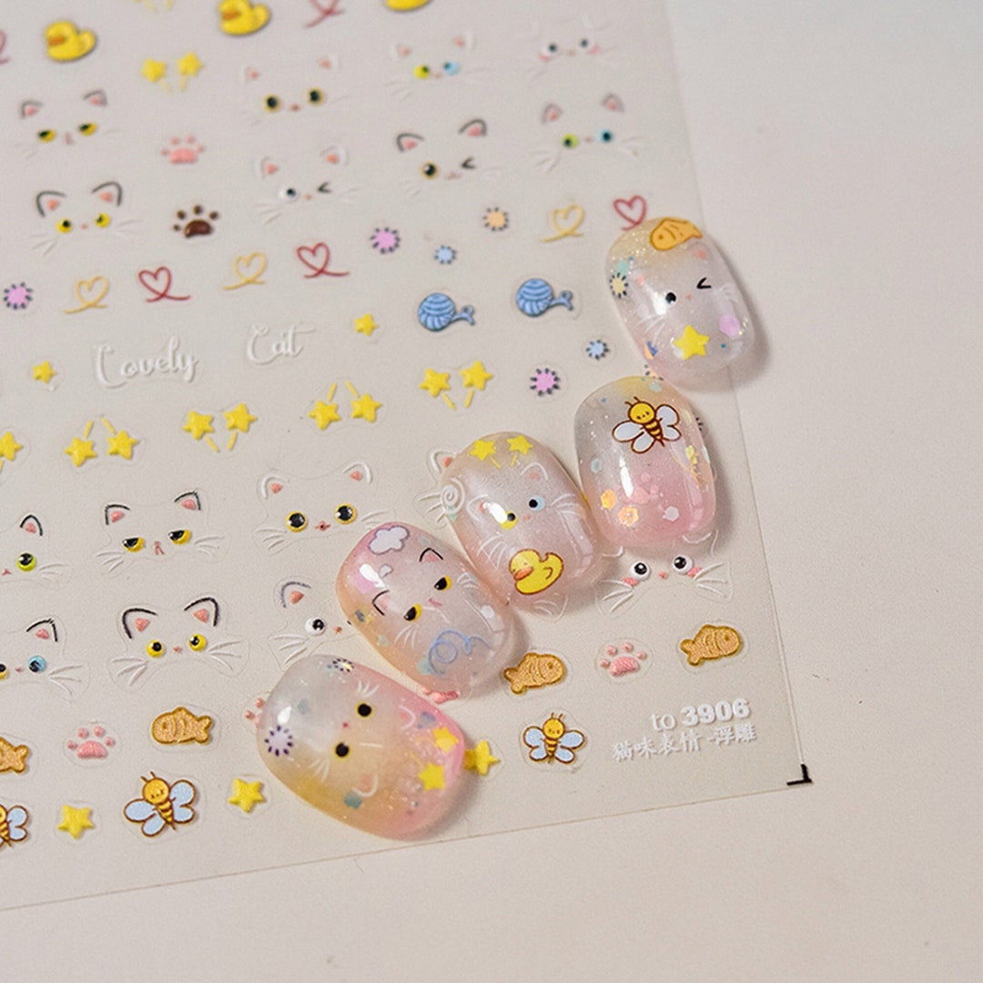 Cute Cat Emoji Nail Stickers, Kawaii Cat Nail Decals, Cute Nail ...