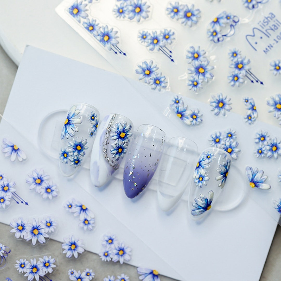 Flower Nail Decals, Dainty Flower Nail Stickers, Blue Flower Nail ...