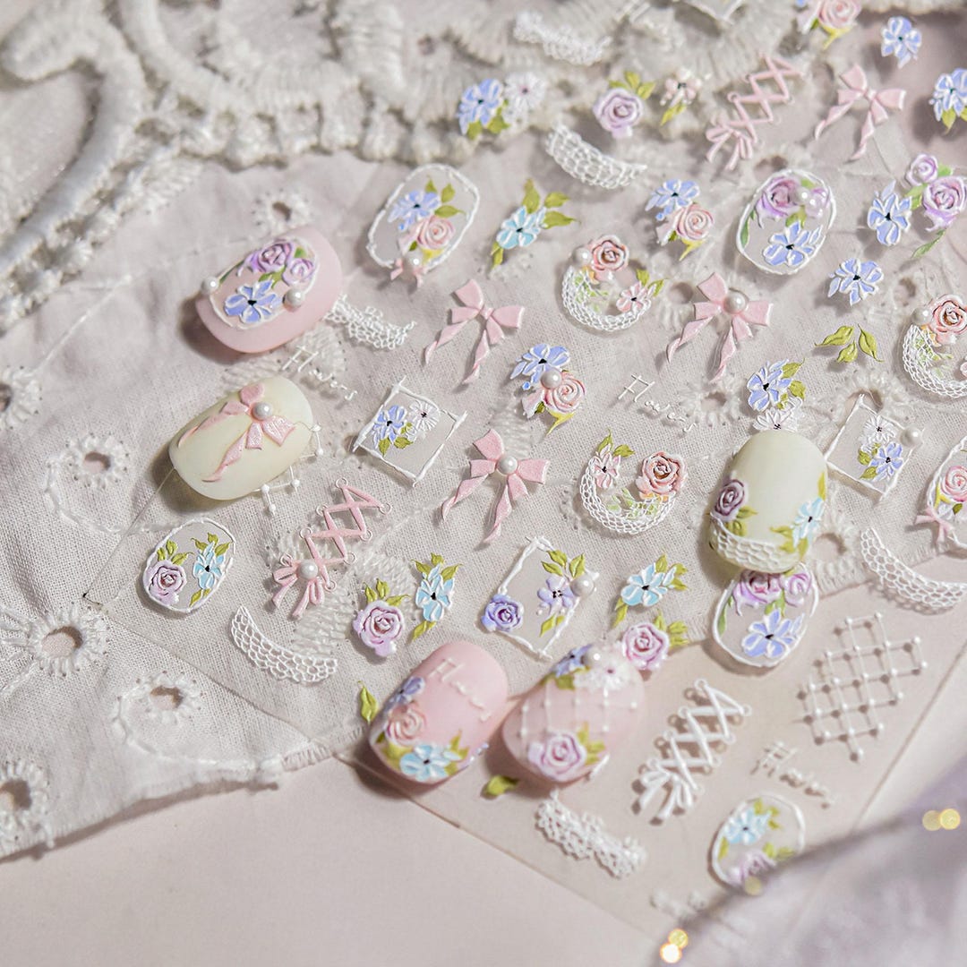 Flower and Lace Nail Stickers, Flower Nail Decals, Aesthetic Nail Art ...