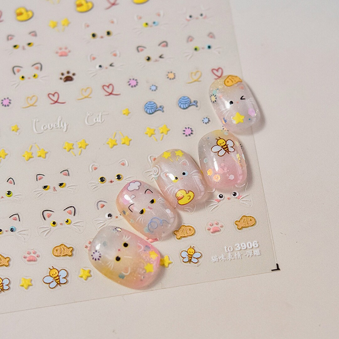 Cute Cat Emoji Nail Stickers, Kawaii Cat Nail Decals, Cute Nail ...