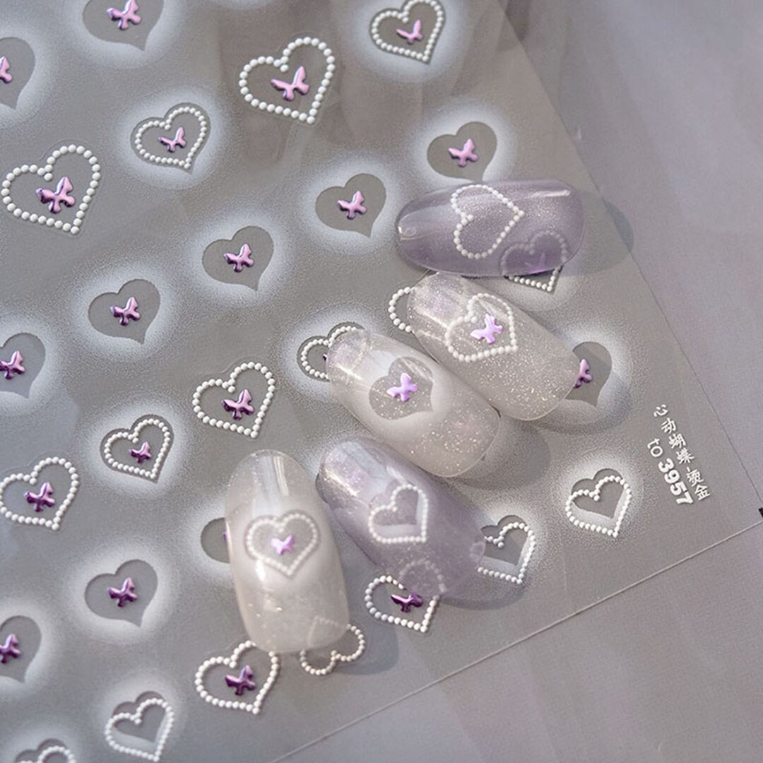 Heart Nail Stickers With Butterflies, Heart Nail Decals, Cute Heart and ...