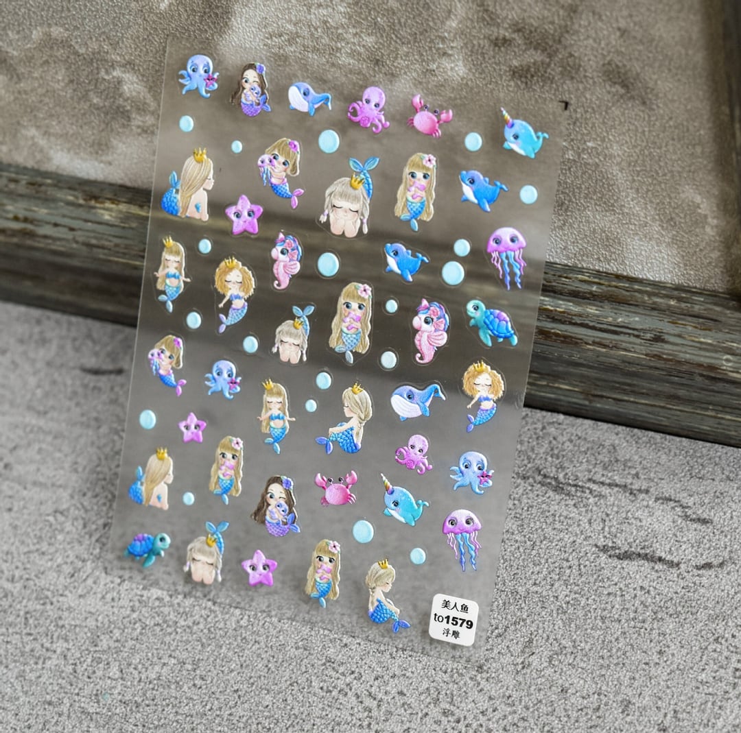 Mermaid Nail Stickers, Mermaid Nail Decals, Cute Nail Stickers, Cartoon ...