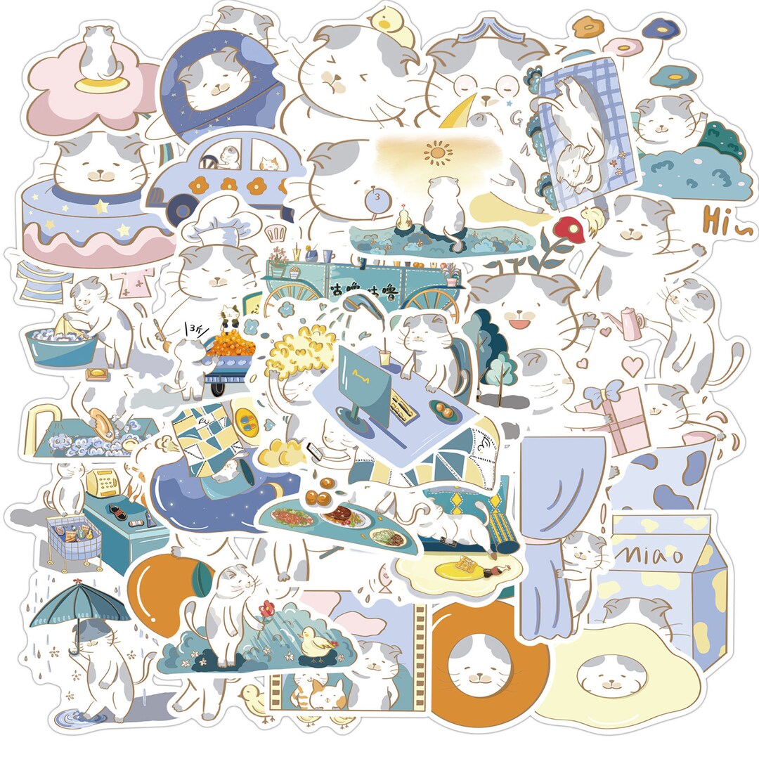 50 Pcs Cat Stickers, Cat Life Sticker, Kawaii Cat Stickers Pack, Cute ...