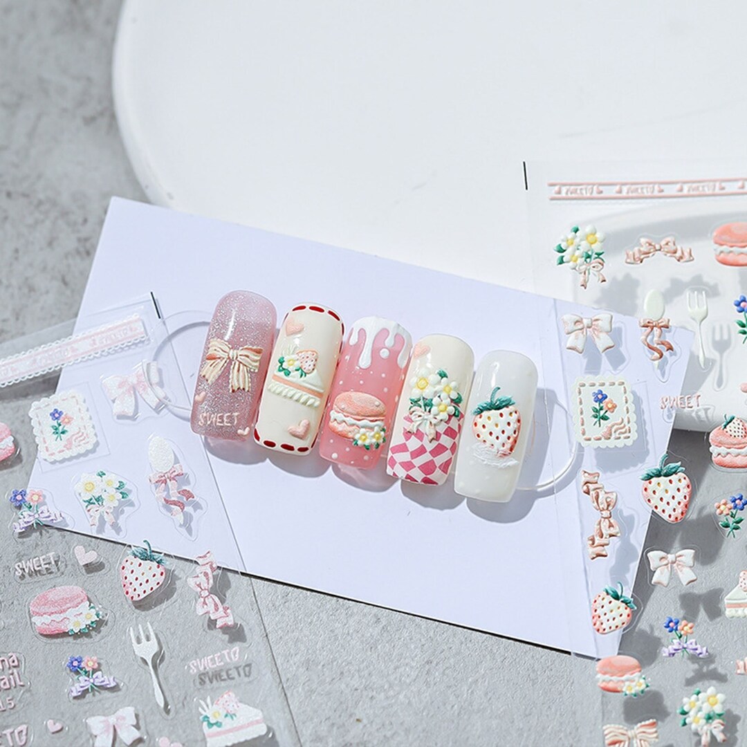 Cake and Strawberry Nail Stickers, Pink Nail Decals, Kawaii Nail ...